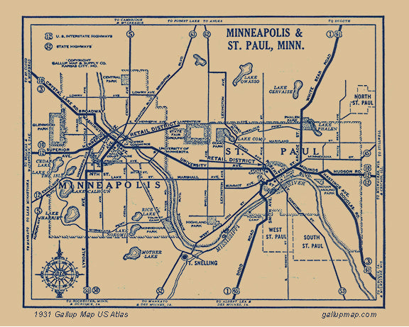 Antique/ Vintage Minneapolis St. Paul Minnesota Map dated 1931 - Gallup Map