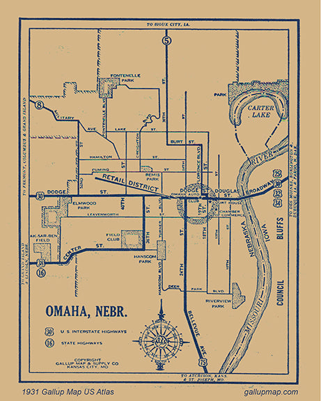 Antique/ Vintage Omaha Nebraska Map dated 1931 - Gallup Map