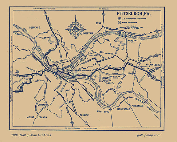 Antique/ Vintage Pittsburgh Pennsylvania Map dated 1931 - Gallup Map