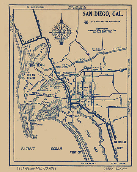 Antique/ Vintage San Diego California Map dated 1931 - Gallup Map