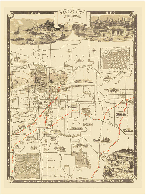 Kansas City Centennial 1850-1950 Vintage Historical Map - Gallup Map
