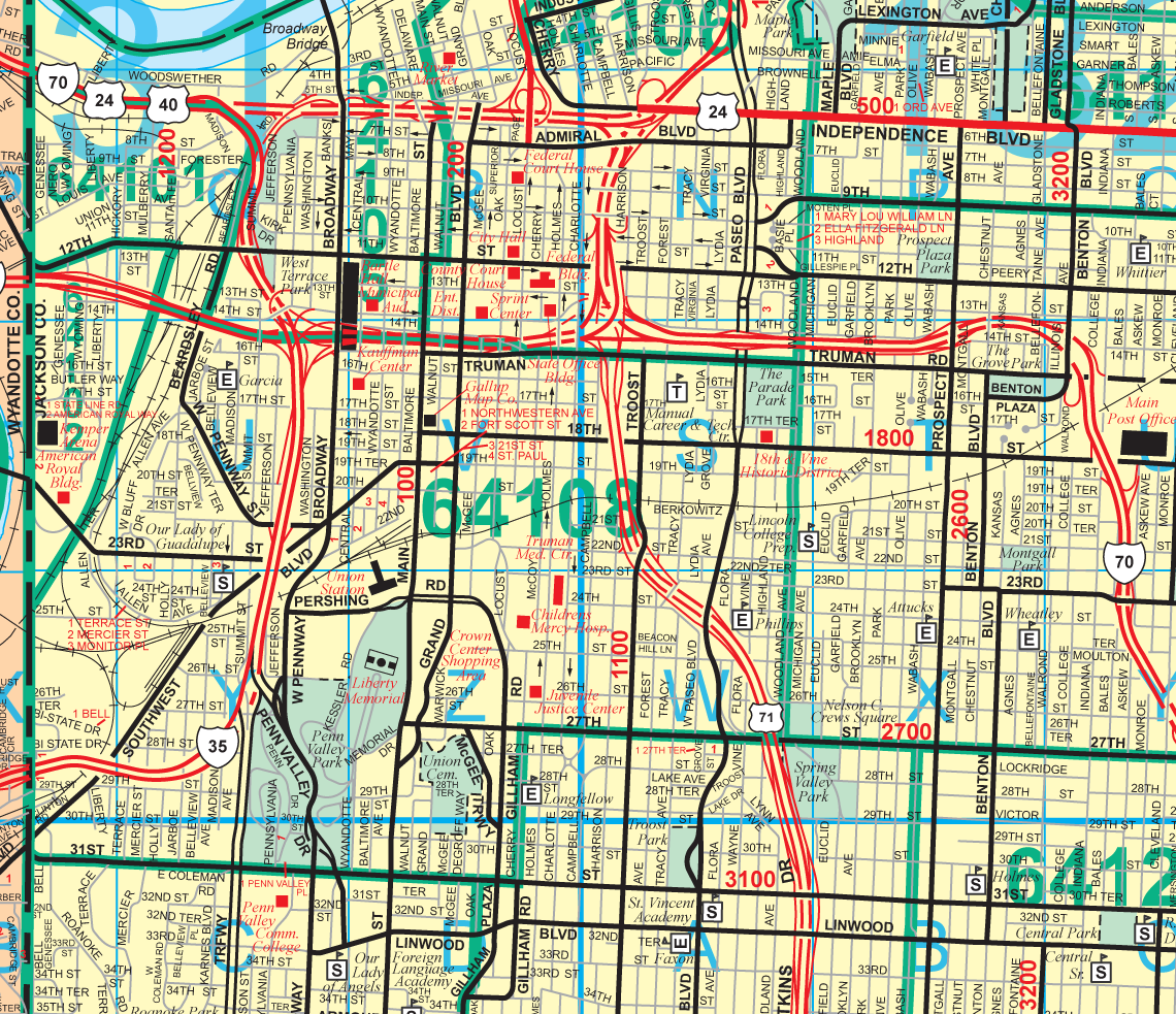 Kansas City Street and Zip Code Wall Map - Gallup Map