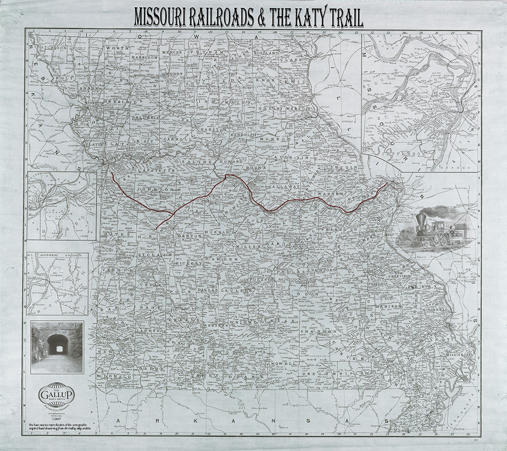 Missouri Railroads and the Katy Trail in Linen Gray - Gallup Map