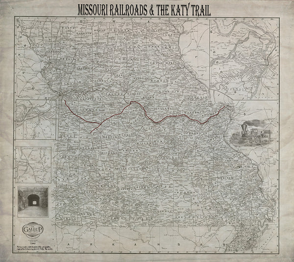 Missouri Railroads and the Katy Trail in Patina Tones - Gallup Map